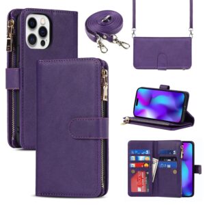 sailortech wallet phone case design for iphone 14 pro 9 card holder 1 zipper coin wallet 2 cash slot kickstand lanyard flip leather cover purple