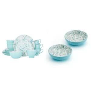 pfaltzgraff venice 16-piece stoneware dinnerware set, service for 4, aqua/white - and pfaltzgraff venice set of 2 pasta bowls, 8 inch, teal and white