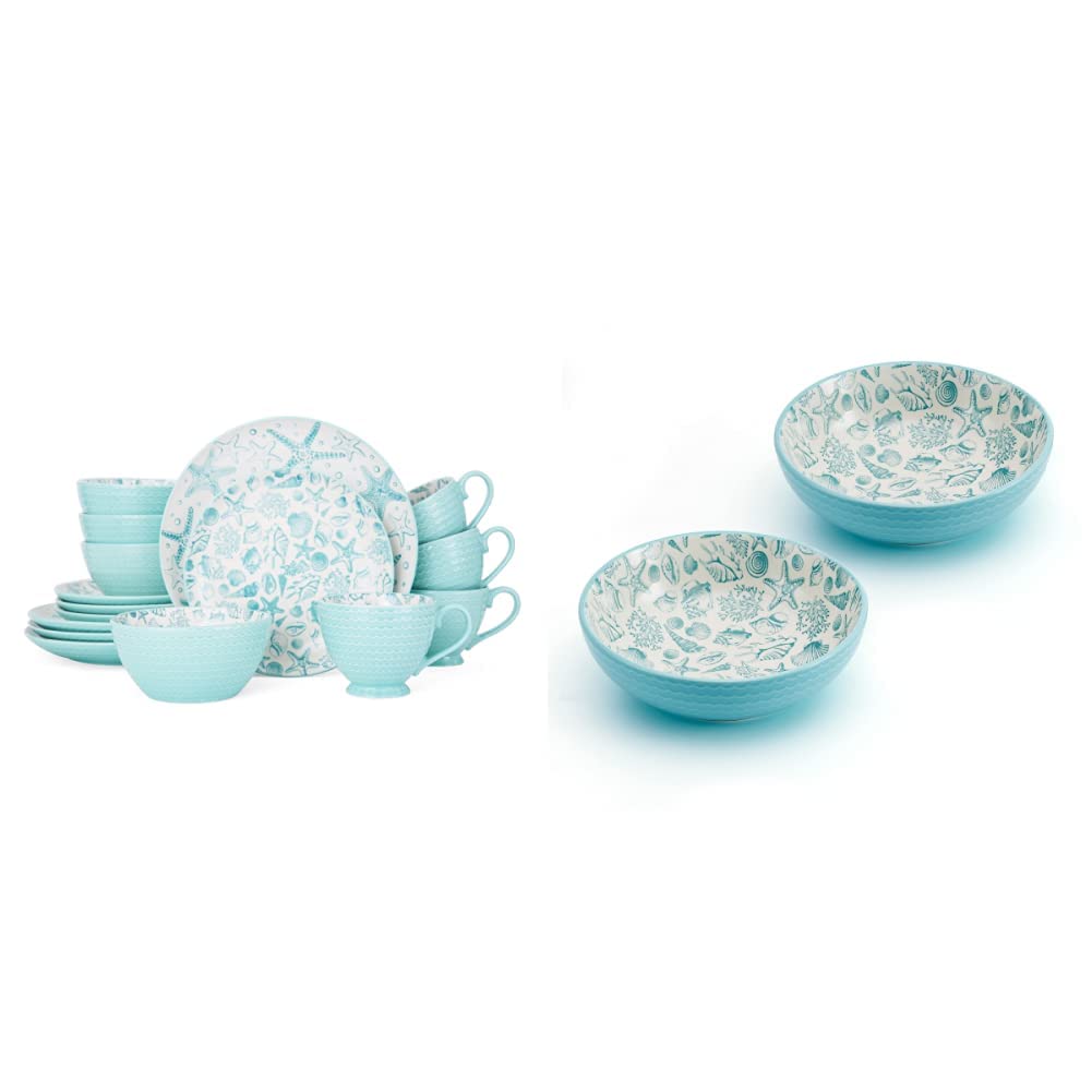 Pfaltzgraff Venice 16-Piece Stoneware Dinnerware Set, Service for 4, Aqua/White - and Pfaltzgraff Venice Set of 2 Pasta Bowls, 8 Inch, Teal and White