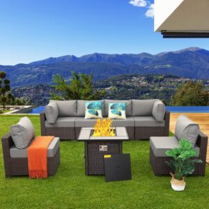 rattaner 7 pcs outdoor sectional patio couch 50000 btu wicker propane fire pit table outdoor furniture set with 30 inches fire pit with no-slip 5" cushions and waterproof covers, grey