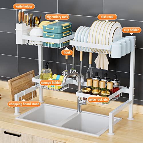 YKLSLH Over The Sink Dish Drying Rack, Expandable Large Dish Drying Rack, Suitable for Most Sinks (24.8 "-35.4") Adjustable Over Sink Dish Drying Rack, Metal Drying Rack Space Saving, White