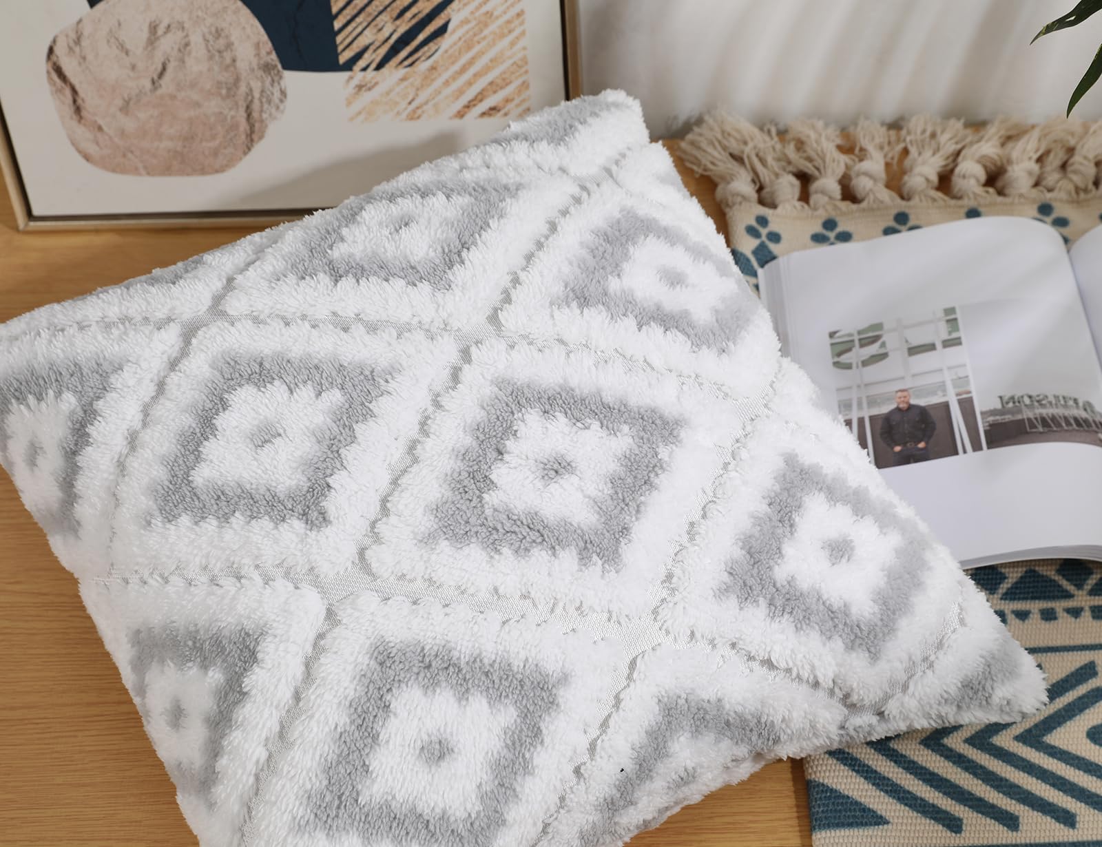 NUYECY Faux Fur Boho Throw Pillow Covers 20 x 20 Light Grey,Super Soft Plush Decorative Checkerboard Pattern Neutral Fur Square Pillow Cover Pillowcase Cushion Covers for Sofa Couch Bed Farmhouse