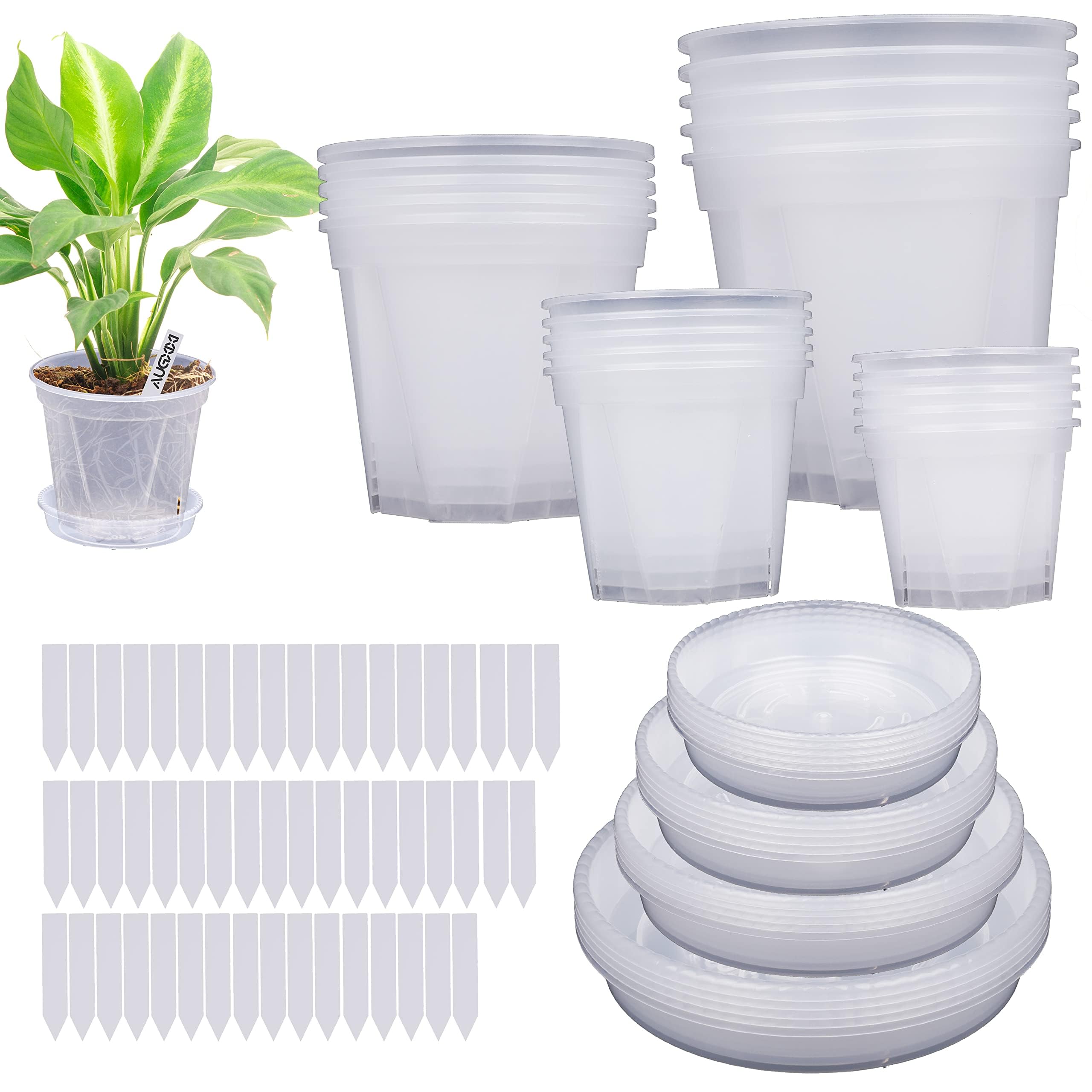 20Pack 4/5/6/7 inch Clear Nursery Pots with 20 Drip Trays 50Pcs Plant Labels, Plastic Reinforced Gardening Pots with Drainage Holes, Assorted Nursery Pots for Plants Succulent Vegetable Flowers