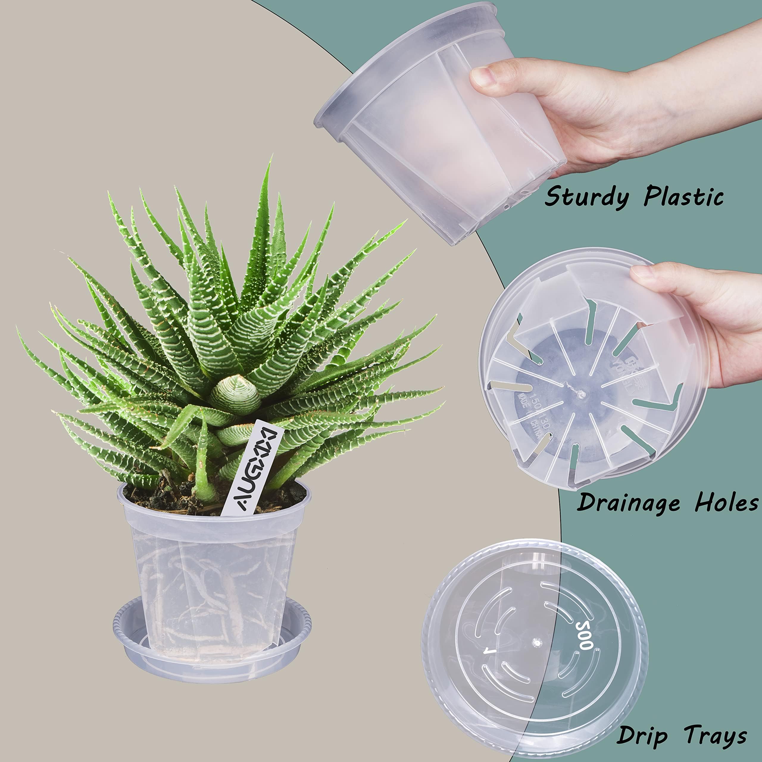 20Pack 4/5/6/7 inch Clear Nursery Pots with 20 Drip Trays 50Pcs Plant Labels, Plastic Reinforced Gardening Pots with Drainage Holes, Assorted Nursery Pots for Plants Succulent Vegetable Flowers