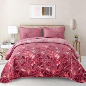 wongs bedding red floral quilt set king size,3 pieces botancal leaves bedspread coverlet set with 2 pillowcases for all season, soft microfiber floral bedding set 104"×90"