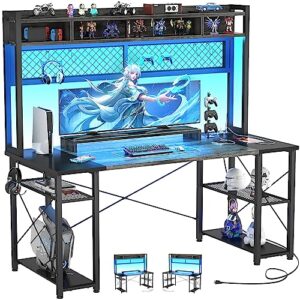 armocity 2024 upgrade gaming desk with hutch, 55.2'' magic computer desk with led and outlets, reversible workstation desk with pegboard, grey/black