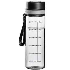 doseno reusable water bottle, water bottle with time marker, plastic water bottles with strap, gym water bottles for men, 28oz clear water bottles, black