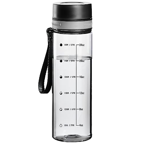 Doseno Reusable Water Bottle, Water Bottle with Time Marker, Plastic Water Bottles with Strap, Gym Water Bottles for Men, 28OZ Clear Water Bottles, Black