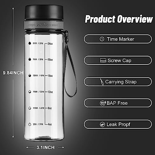 Doseno Reusable Water Bottle, Water Bottle with Time Marker, Plastic Water Bottles with Strap, Gym Water Bottles for Men, 28OZ Clear Water Bottles, Black