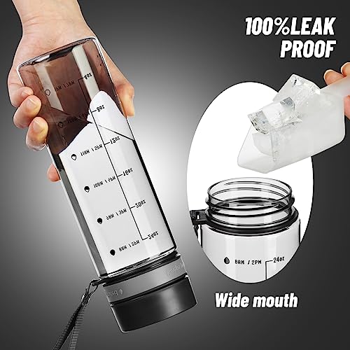 Doseno Reusable Water Bottle, Water Bottle with Time Marker, Plastic Water Bottles with Strap, Gym Water Bottles for Men, 28OZ Clear Water Bottles, Black