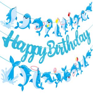 dolphin birthday banner decorations dolphin birthday party decorations supplies blue glitter dolphin happy birthday banner decorations for under the sea themed birthday party baby shower supplies