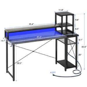 armocity 2024 Upgrade Gaming Desk with LED Lights, Small Computer Desk with Long Monitor Stand, 47.2'' Reversible Laptop Table with Storage Shelves, Small Desk for Small Spaces, Gaming Room, Grey