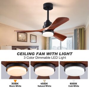 FXZZ 42" Wood Ceiling Fans with Lights and Remote, Quiet Reversible DC Motor and 3 Color LED Light, 3 Blades 6 Speed Ceiling Fan for Farmhouse Living Room Bedroom Dining Room Workroom Study