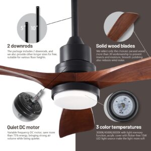 FXZZ 42" Wood Ceiling Fans with Lights and Remote, Quiet Reversible DC Motor and 3 Color LED Light, 3 Blades 6 Speed Ceiling Fan for Farmhouse Living Room Bedroom Dining Room Workroom Study