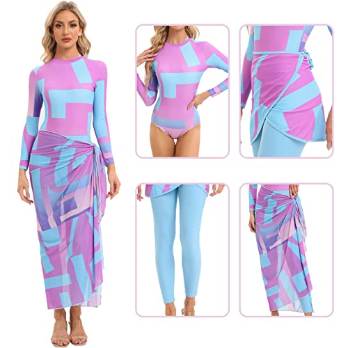 Burkini Swimsuits for Women Muslim Full Coverage Swimsuit Modest Swimwear Long Sleeve One Piece Bathing Suit + Swim Pants + Skirt + Mesh Sarong Coverup Sun Protection Swimming Suit Hot Pink 4PCS S