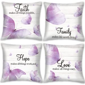 wesiti 4 pcs butterfly throw pillow covers 18 x 18 inches decorative gifts cushion cover home family faith hope love words pillowcase square couch pillow vintage style summer home decoration (purple)