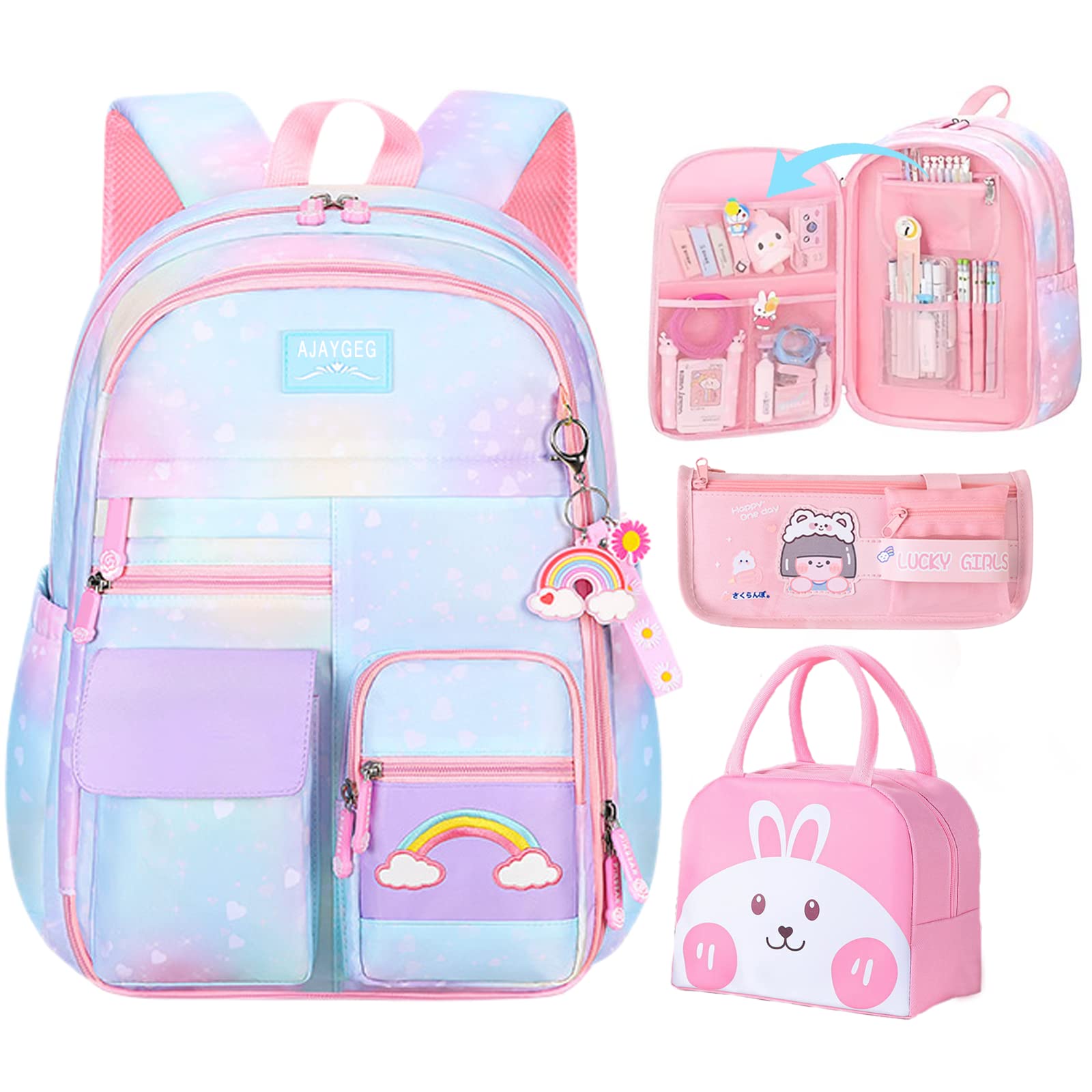 IHZZ Kawaii Backpack, Pink Backpack for Girls, Kid Starry Rainbow Bookbag, Cute Backpack for Kids, Aesthetic Backpack, Blue(3 PCS Set)