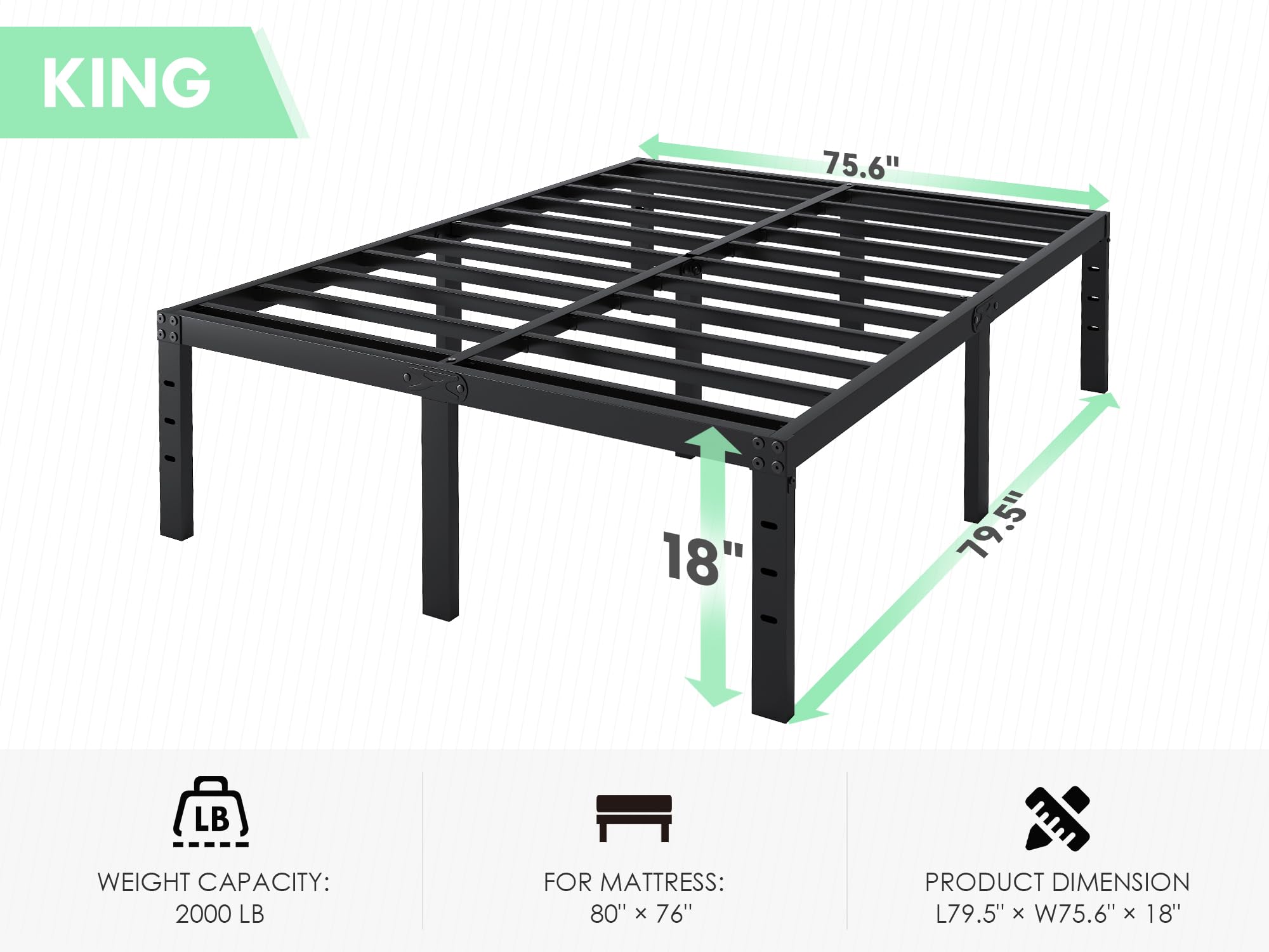 QEROMY King Size Bed Frame - 18 in Sturdy Platform Bed Frame King, Heavy Duty Metal Bed Frame No Box Spring Needed, Quick & Easy Assembly, No Noise, Black