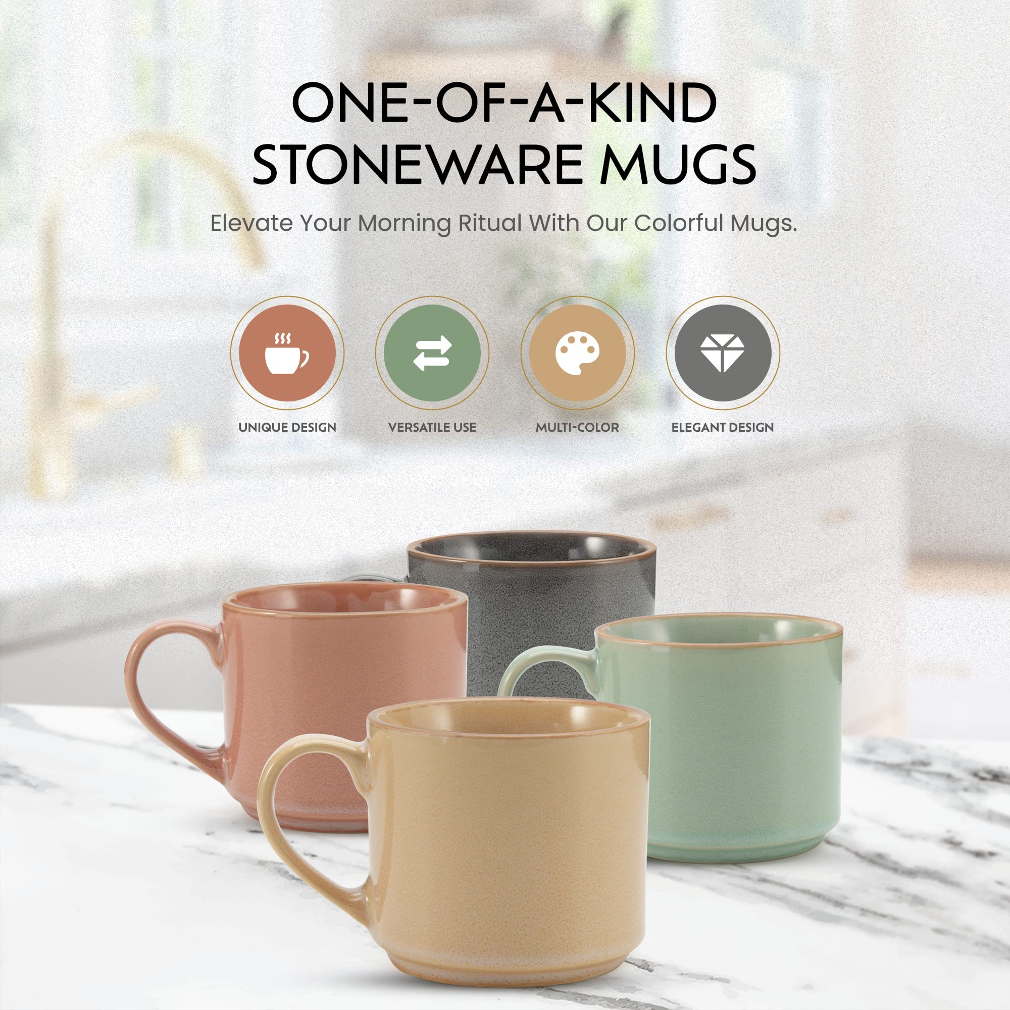 American Atelier Stackable Coffee Mugs Set | Ceramic Multi-Color 4 Cups for Kitchen Countertop, Tabletop, Island, or Café Display | Gift for Tea & Coffee Lovers (16-Ounce) (Light)