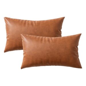 miulee set of 2 decorative faux leather throw pillow covers brown, 12x20 inch modern lumbar pillow covers luxury cushion case for couch sofa bed living room