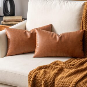 MIULEE Set of 2 Decorative Faux Leather Throw Pillow Covers Brown, 12x20 inch Modern Lumbar Pillow Covers Luxury Cushion Case for Couch Sofa Bed Living Room