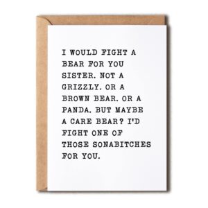 edgargifts i would fight a bear for you sister - sister card - funny card for sister - thank you for being my sister - happy birthday card for sister