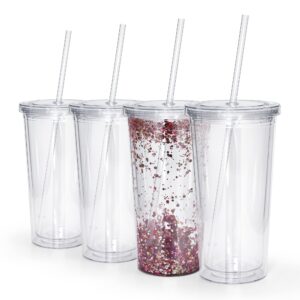 sweet grain acrylic tumbler with lid and straw 20oz double wall plastic insulated tumblers set of 4, reusable large iced coffee tumbler for snow globe glitter diy