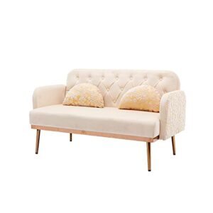 anwickmak twin size loveseat accent sofa small velvet couch with elegant moon shape 2 pillows and golden metal legs, for living room bedroom sofa with tufted backrest, (beige)