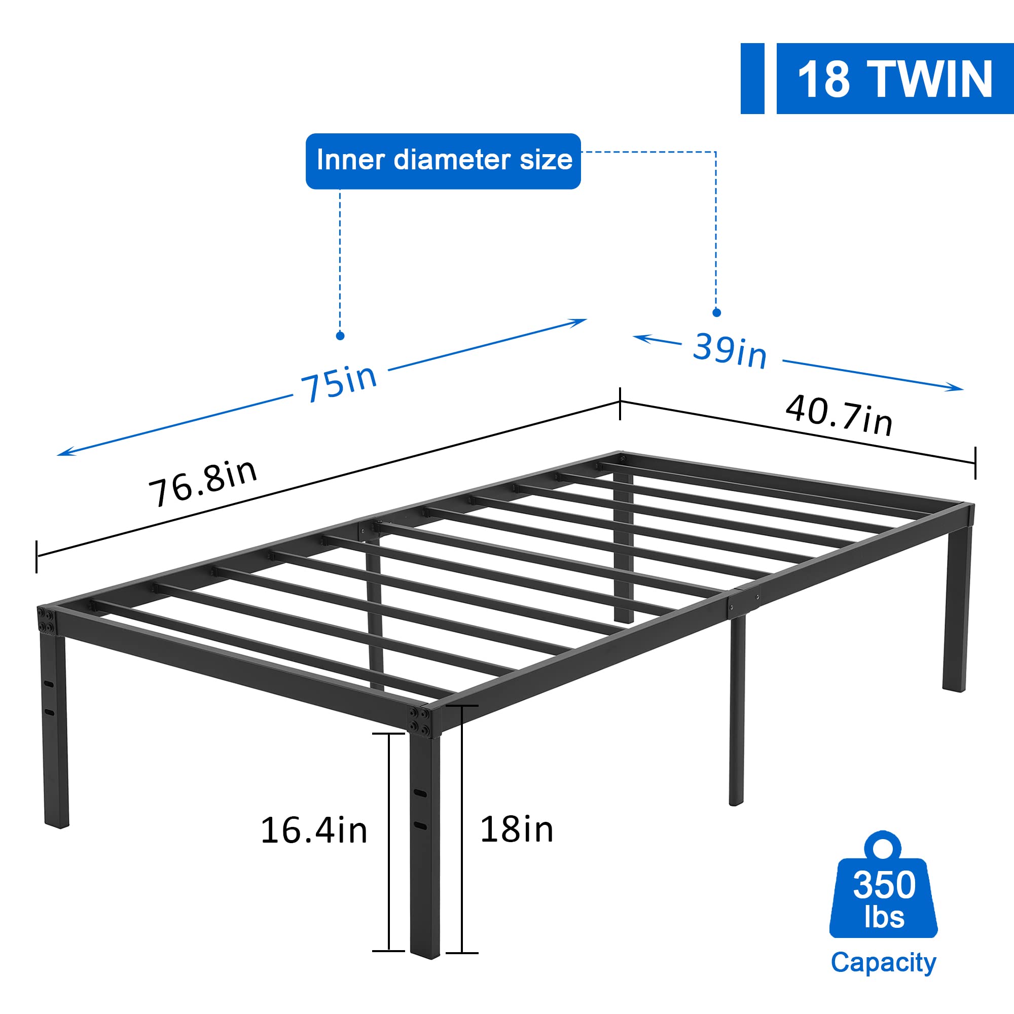 VECELO 18" Twin Metal Platform Tall Bed Frame,Heavy Duty Steel Slat/Easy Assembly Mattress Foundation/No Box Spring Needed