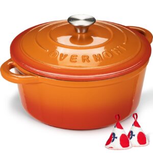 overmont enameled cast iron dutch oven - 5.5qt pot with lid cookbook & cotton potholders - heavy-duty cookware for braising, stews, roasting, bread baking orange