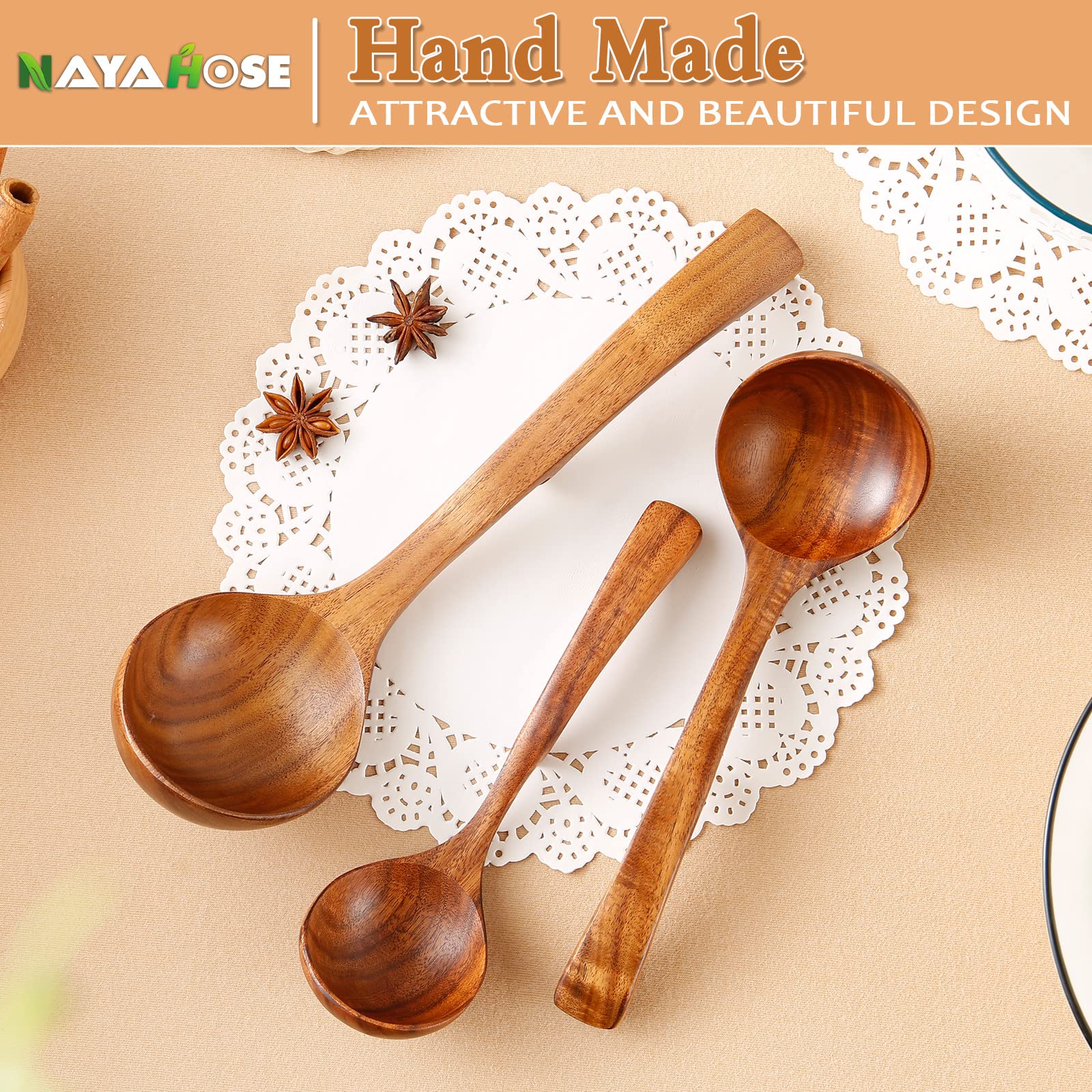 NAYAHOSE Wooden Soup Ladles,Wooden Spoons For Cooking, 3 Pcs Wooden Utensils for Cooking, Wooden Ladle,Natural Teak Wood Cooking Spoons,Kitchen Utensils set