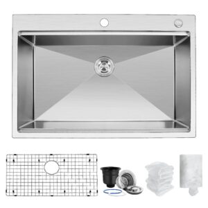 homikit 33 x22 inch drop in kitchen sink, 16 gauge stainless steel topmount single bowl kitchen sinks with 2-hole r10 corner, 10" deep large farmhouse workstation sink with rinse grid & strainer bags