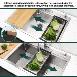 Homikit 33 x22 Inch Drop In Kitchen Sink, 16 Gauge Stainless Steel Topmount Single Bowl Kitchen Sinks with 2-Hole R10 Corner, 10" Deep Large Farmhouse Workstation Sink with Rinse Grid & Strainer Bags