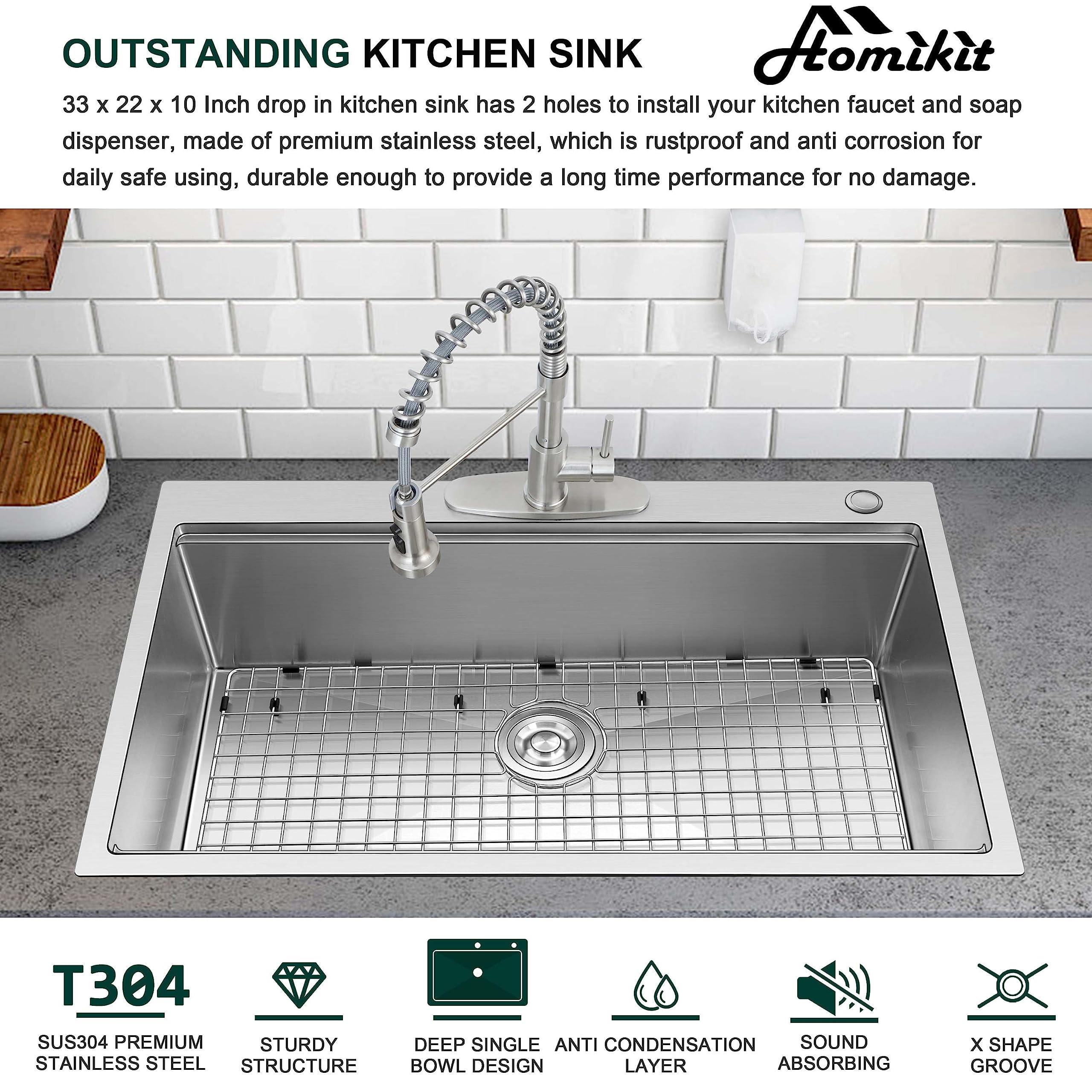 Homikit 33 x22 Inch Drop In Kitchen Sink, 16 Gauge Stainless Steel Topmount Single Bowl Kitchen Sinks with 2-Hole R10 Corner, 10" Deep Large Farmhouse Workstation Sink with Rinse Grid & Strainer Bags