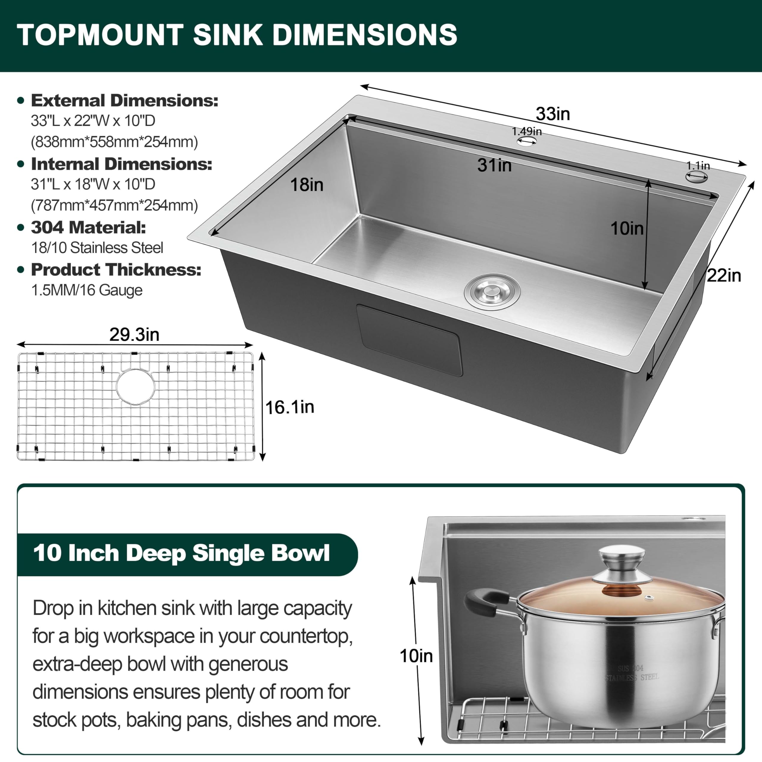 Homikit 33 x22 Inch Drop In Kitchen Sink, 16 Gauge Stainless Steel Topmount Single Bowl Kitchen Sinks with 2-Hole R10 Corner, 10" Deep Large Farmhouse Workstation Sink with Rinse Grid & Strainer Bags