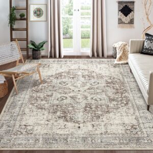 area rug living room rugs - 8x10 washable boho rug vintage oriental distressed farmhouse large thin indoor carpet for living room bedroom under dining table home office - brown blue