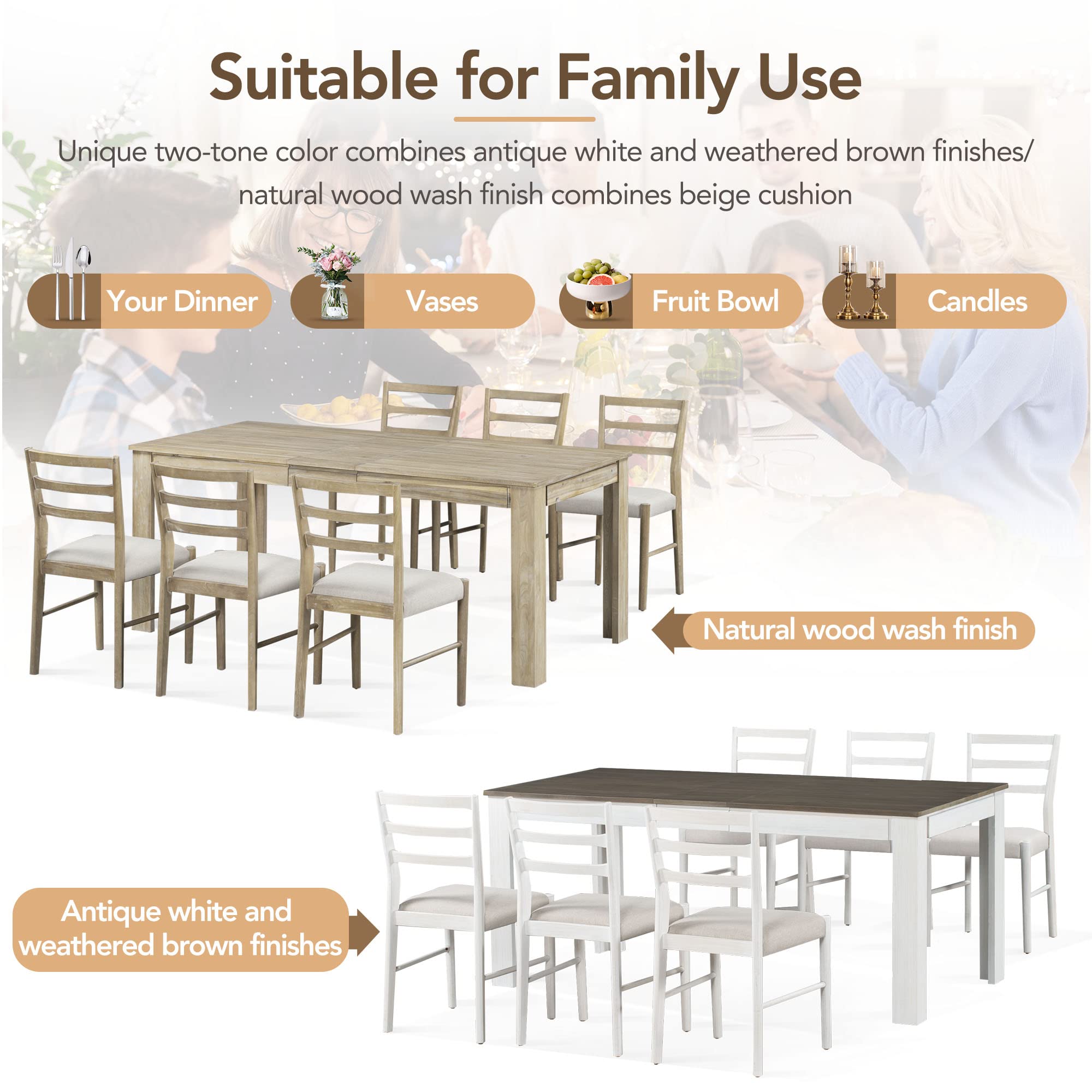 LUMISOL 7 Piece Dining Table Set, Solid Wood Extendable Kitchen Table Set with 12" Leaf and Storage Drawers, Farmhouse Style Dining Table and Upholstered Chairs Set of 6 for Dining Room, Brown+White