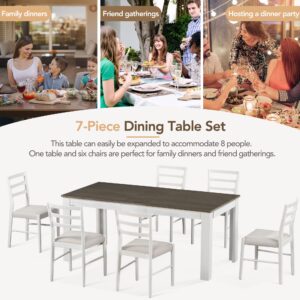 LUMISOL 7 Piece Dining Table Set, Solid Wood Extendable Kitchen Table Set with 12" Leaf and Storage Drawers, Farmhouse Style Dining Table and Upholstered Chairs Set of 6 for Dining Room, Brown+White