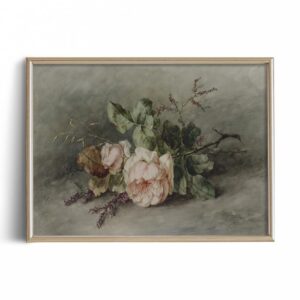 farmhouse still life pictures living room - neutral pink rose flower floral oil painting - art deco wall art for kitchen - 11 x 14 art print- rustic vintage decor for bedroom - antique french poster