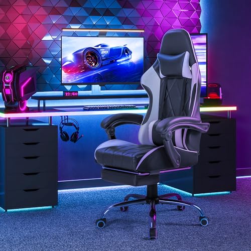 Homall Gaming Chair, Computer Chair with Footrest and Massage Lumbar Support, Ergonomic High Back Video Game Chair with Swivel Seat and Headrest (White)