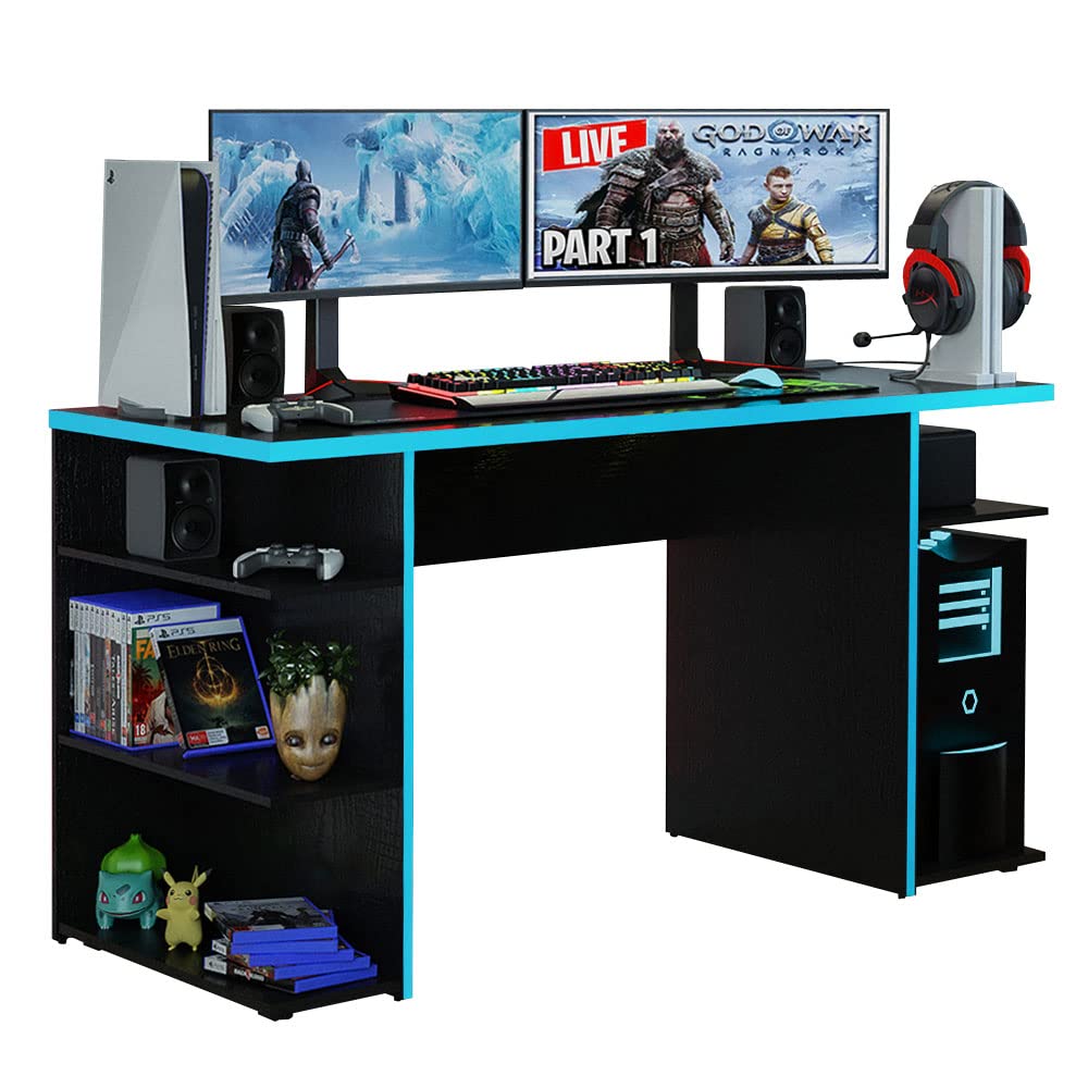 Madesa Gaming Computer Desk with 5 Shelves, Cable Management and Large Monitor Stand, Wood, 24" D x 53" W x 29" H - Black/Blue