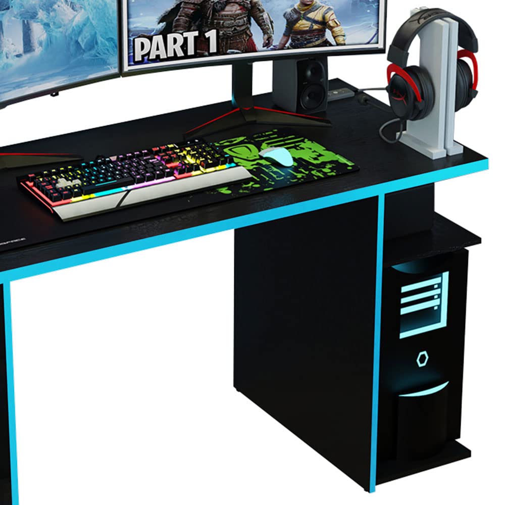 Madesa Gaming Computer Desk with 5 Shelves, Cable Management and Large Monitor Stand, Wood, 24" D x 53" W x 29" H - Black/Blue