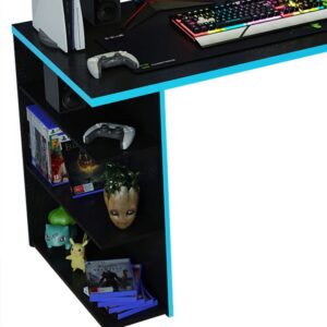 Madesa Gaming Computer Desk with 5 Shelves, Cable Management and Large Monitor Stand, Wood, 24" D x 53" W x 29" H - Black/Blue