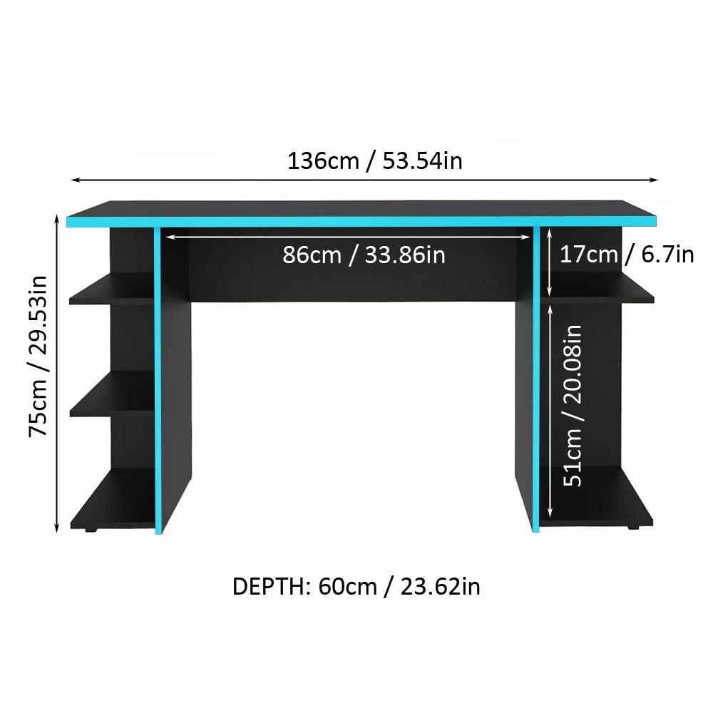 Madesa Gaming Computer Desk with 5 Shelves, Cable Management and Large Monitor Stand, Wood, 24" D x 53" W x 29" H - Black/Blue