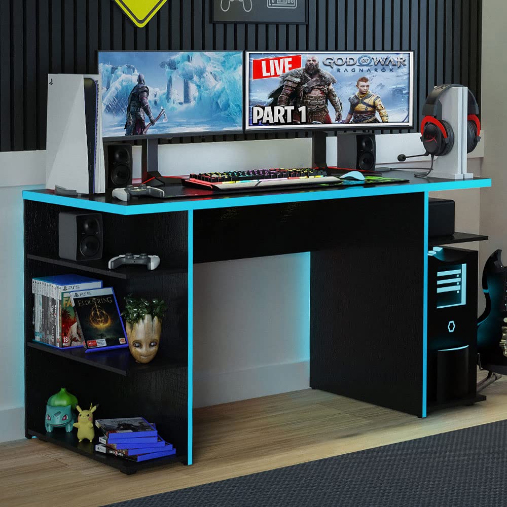 Madesa Gaming Computer Desk with 5 Shelves, Cable Management and Large Monitor Stand, Wood, 24" D x 53" W x 29" H - Black/Blue