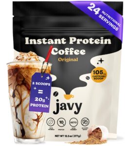 javy instant coffee protein coffee - premium whey protein & instant coffee - 100% arabica coffee - zero artificial flavors & sweeteners, 24 servings