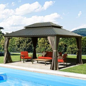 domi hardtop gazebos 12x16ft, aluminum metal gazebo with galvanized steel double roof canopy, curtain and netting, permanent gazebo pavilion for patio, backyard, deck and lawn, grey