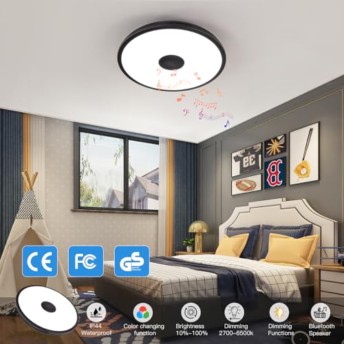 ASALL Black Waterproof LED Ceiling Light Fixture,with Bluetooth Speaker,11Inch 18W, 2700K-6500K Dimmable Music Lamp,RGB Color Changing Light with Remote Control,for Bathroom,Shower,Bedroom