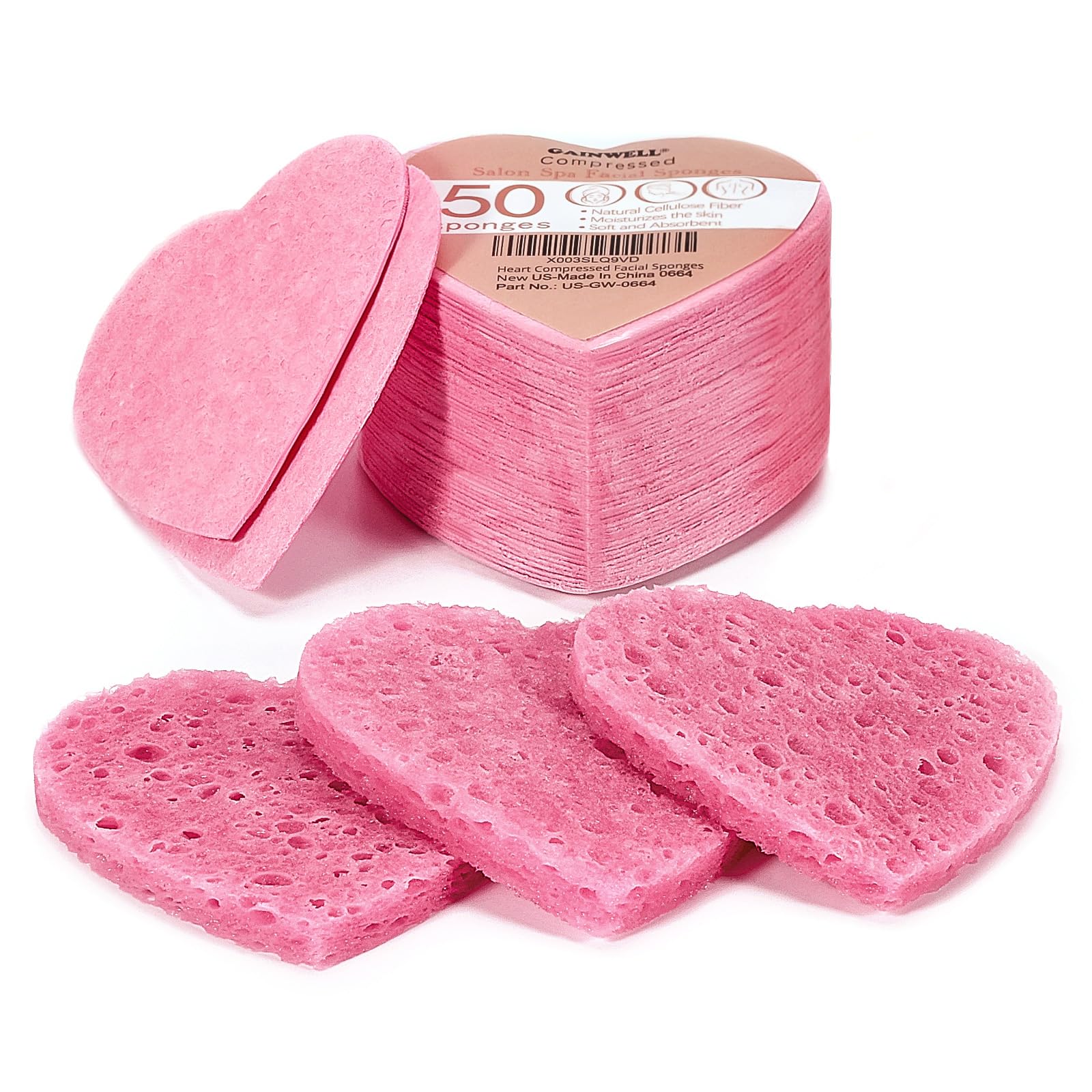 GAINWELL 50-Count Heart Shape Compressed Facial Sponges for Daily Facial Cleansing and Exfoliating, 100％ Natural Cosmetic Spa Sponges for Makeup Remover