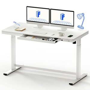 flexispot 55" white electric standing desk with drawers, quick assembly home office sit stand desk with storage, usb charging, computer desk for home office (white top + adjustable frame, comhar)